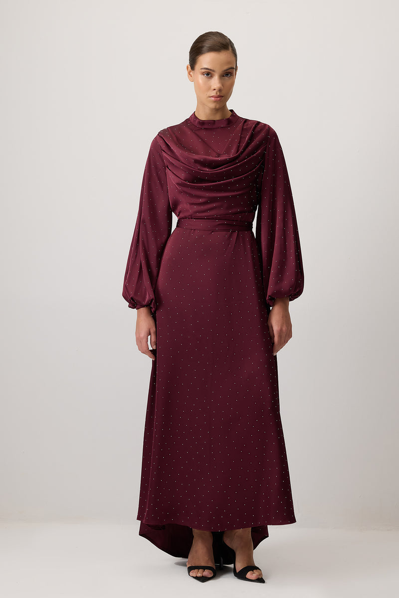 DRAPED STONE-EDGED SATIN DRESS – Touché Europe